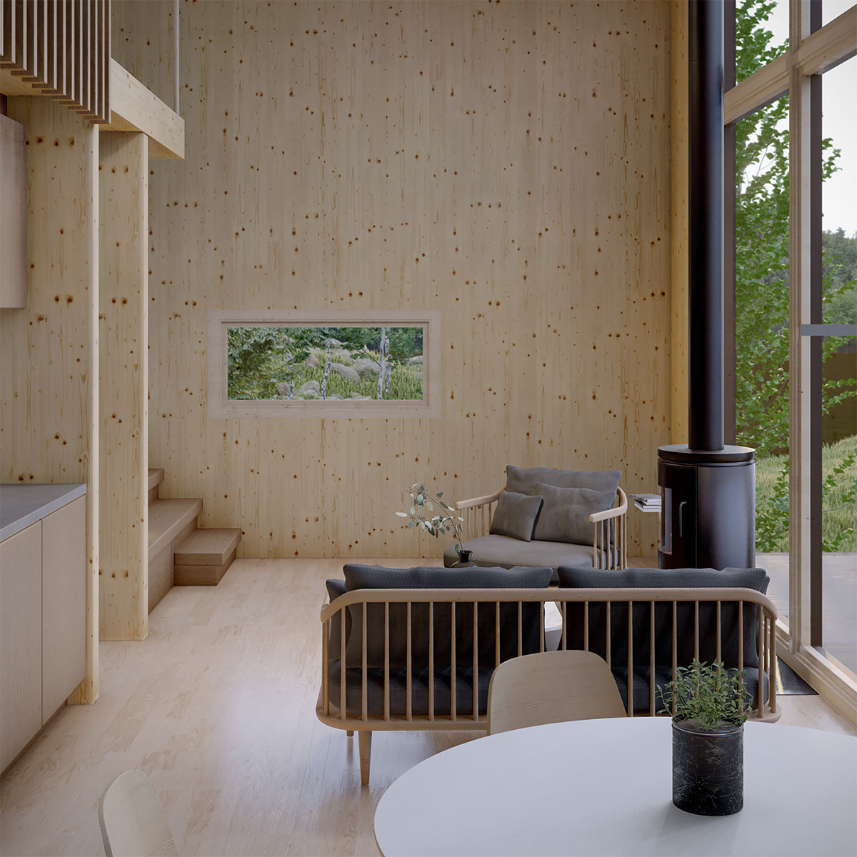 1 Bedroom Modern Cabin With Loft Plans - Download House Plans - Den