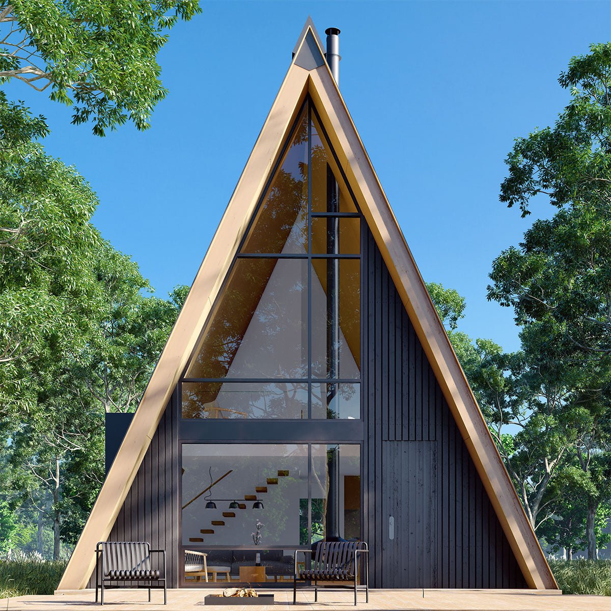 2 Bedroom A-Frame House With Loft Plans - Download House Plans - Den