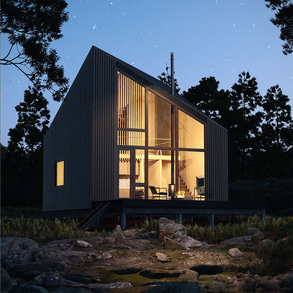 1 Bedroom Modern Cabin With Loft Plans - Download House Plans - Den